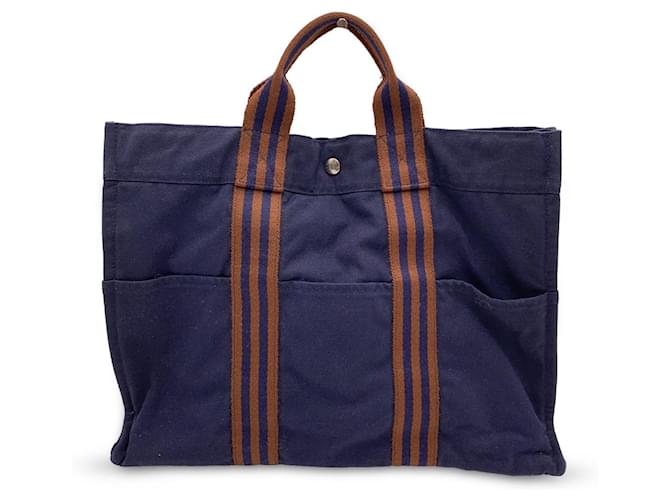 Hermès cabas MM en coton bleu et marron Hermes Paris Vintage ref.798056 ...