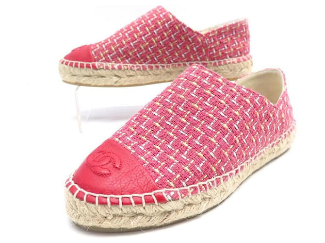 NEUF CHAUSSURES CHANEL LOGO CC ESPADRILLES 36 G32742 TWEED CUIR ROSE ...