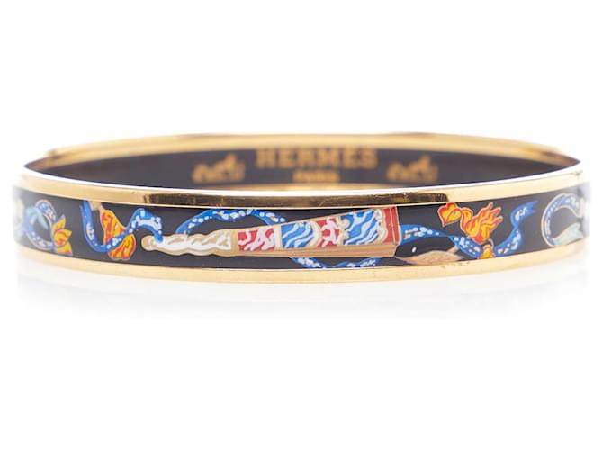 Hermès Bracelet en émail étroit cloisonné noir Hermes Plaqué or ref ...