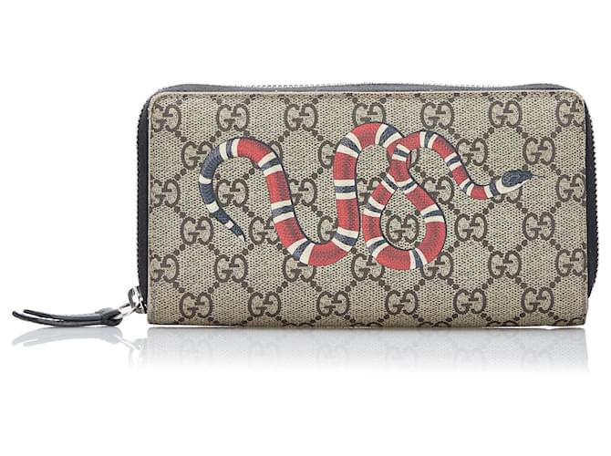 Gucci Brown GG Supreme Kingsnake Zip Around Wallet Beige Cloth Cloth ...