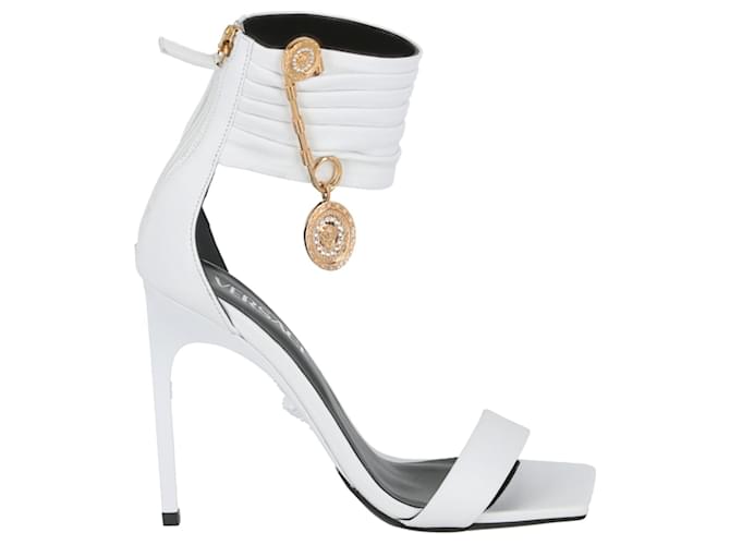 Versace Safety Pin Leather Heel Sandals White ref.818358 - Joli Closet