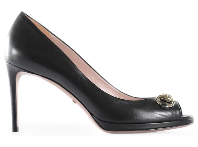 Escarpins Gucci Peep Toe Horsebit New Hollywood en cuir noir ref.830693 ...