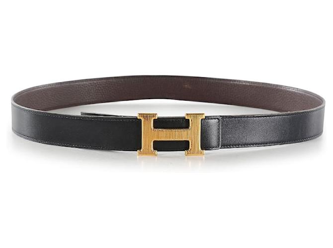 Hermès Ceinture réversible Hermes en cuir noir et taupe avec logo ref.840631 - Joli Closet