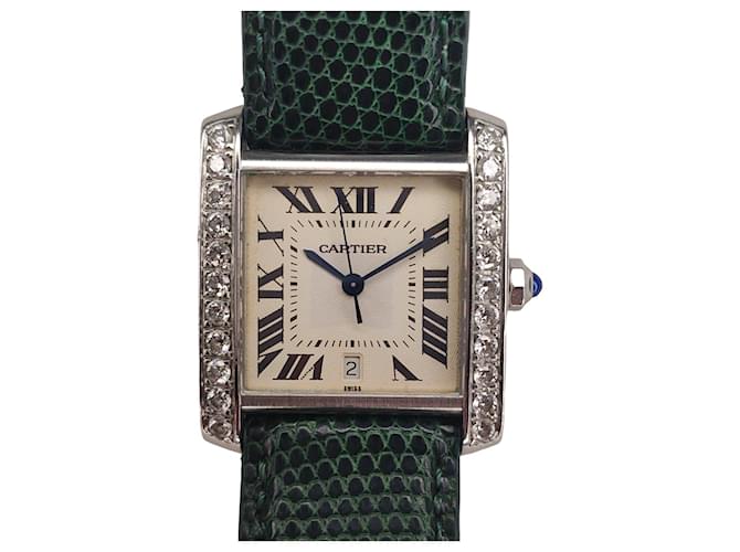 Cartier Tank Francaise 2302 Diamonds Bezel Box Leather + Steel bracelet ...