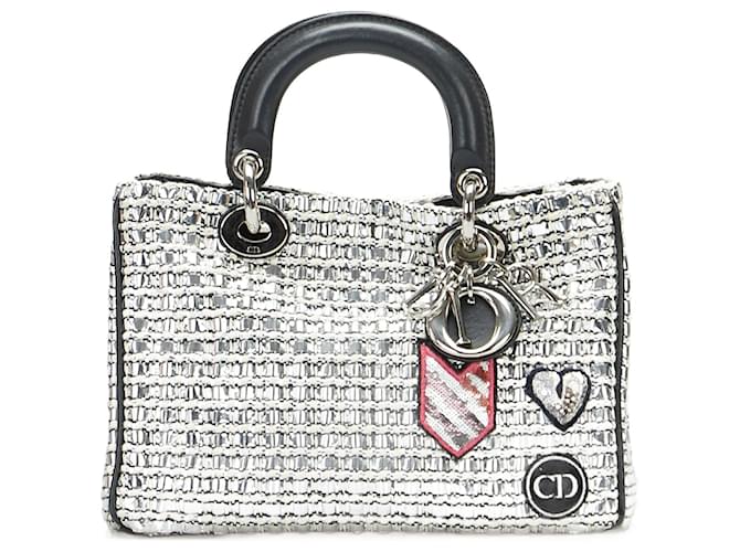 Dior Silver Lady Dior Patchwork Metallic Satchel Silvery Tweed Cloth ...