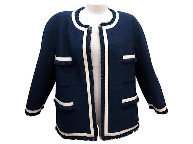 CHANEL CARDIGAN JACKET WITH TWEED FRINGES NAVY BLUE XL 44 NAVY BLUE ...