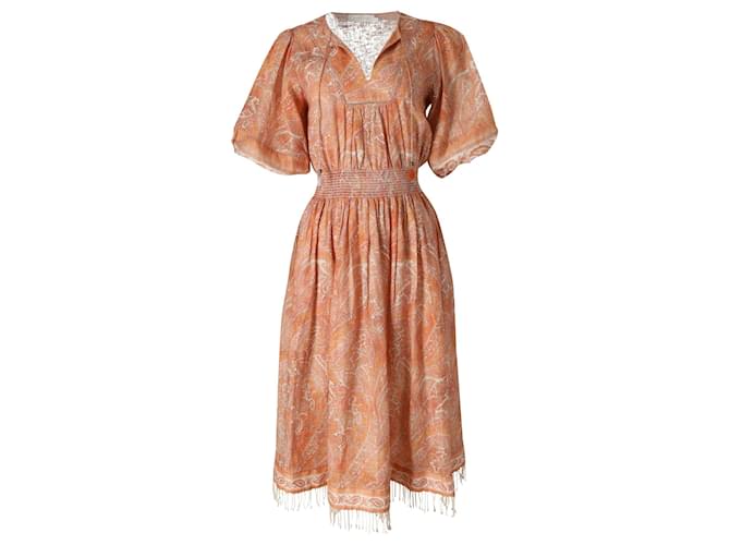 Zimmermann Brighton Paisley-Print Shirred Midi Dress in Orange Linen ...