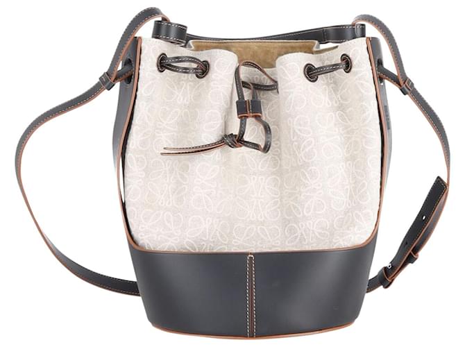 Loewe Balloon Anagram Print Panelled Leather Bag in Ecru Canvas White ...