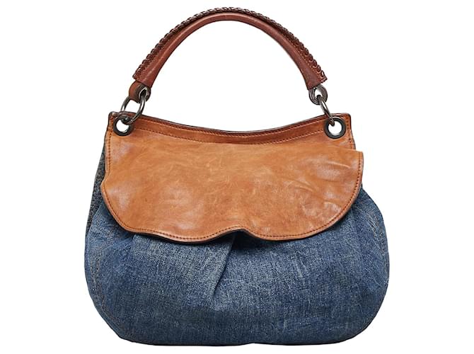 Miu Miu Blue Denim Satchel Brown Leather Pony-style calfskin Cloth ref ...