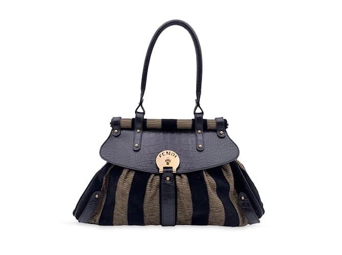 Fendi Black Tan Pequin Magic Striped Velvet Top Handle Bag Handbag ref ...