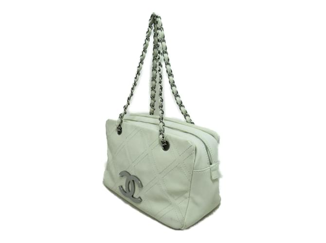 Chanel CC Diamond Stitch Shoulder Bag White Leather Pony-style calfskin ...
