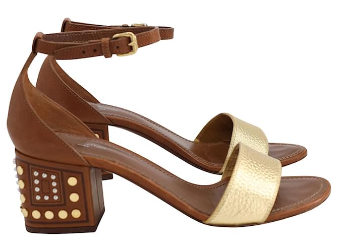 Louis Vuitton Sandales Bride Cheville à Talon Clouté en Cuir Marron et ...