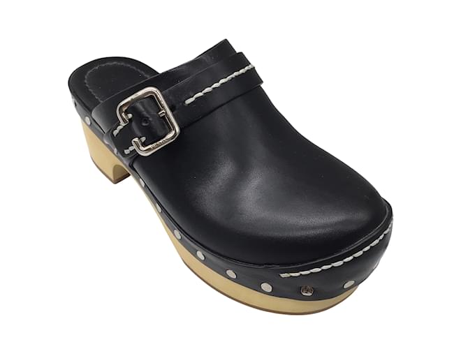 Prada Black / Silver Buckle Detail Leather Platform Clogs ref.959257 ...