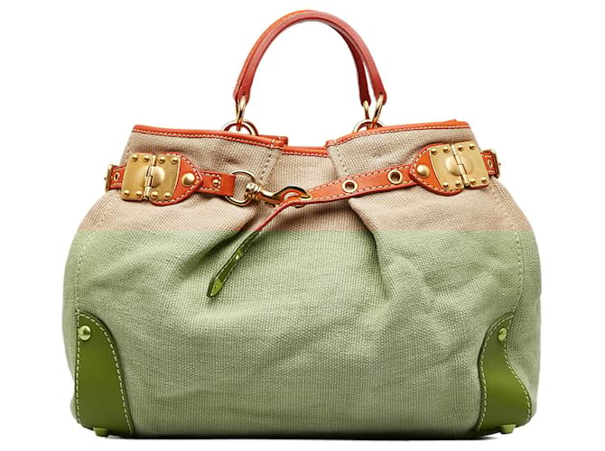 Miu Miu Brown Canvas Tote Beige Orange Leather Cloth Pony-style ...