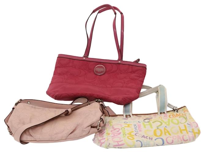 Coach Signature Sac à Bandoulière Nylon Cuir 3Ensemble Blanc Rose Auth ...