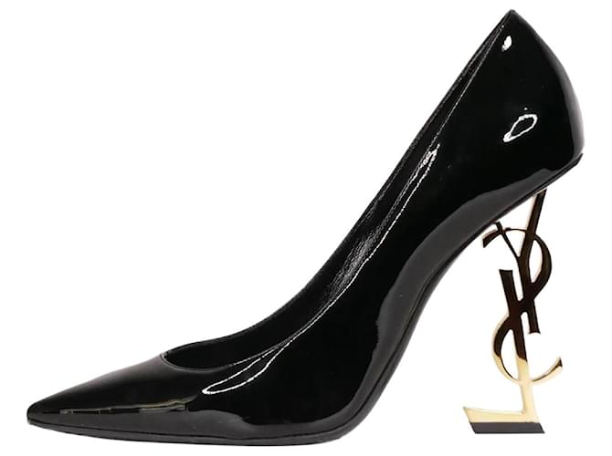 Saint Laurent Scarpe con tacco in vernice a punta con logo YSL nero ...