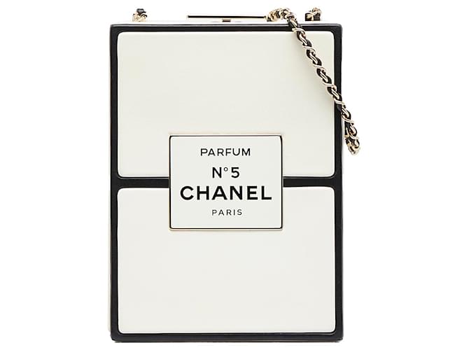 Chanel White Chanel No.5 Parfum Box Evening Clutch Black Leather ref ...