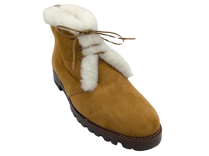 Manolo Blahnik Tan Suede Marcus Lace Up Bootie with Shearling Brown ref ...