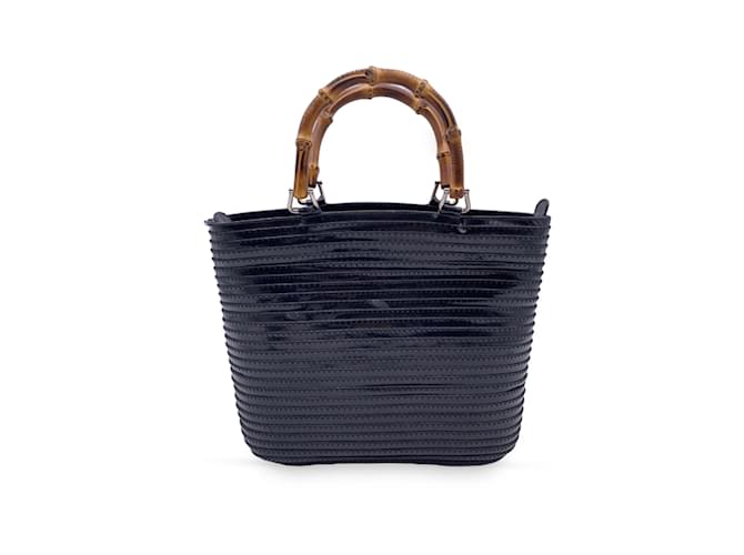 Gucci Vintage Black Stitching Patent Leather Bamboo Tote Bag ref ...