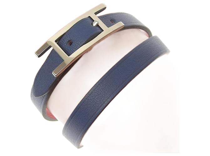 Hermès Behapi Double Tour Reversible Bracelet Blue Leather Pony-style calfskin ref.1065107 ...