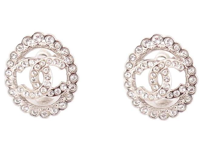 NEW CHANEL CHIP LOGO CC STRASS EARRINGS METAL SILVER EARRING Silvery ...