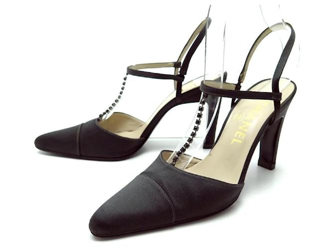 CHANEL SLINGBACK PUMPS SHOES 3861 36.5 BLACK SATIN AND Rhinestone SHOES ...