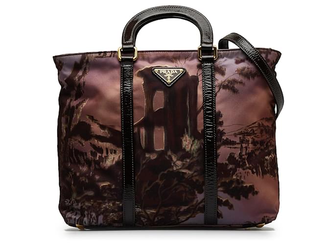 Prada Brown Tessuto Stampato Satchel Leather Patent leather Nylon Cloth ...