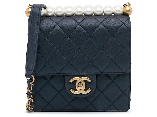 Chanel Blue Small Chic Pearls Flap Bag Navy blue Leather ref.1109374 ...