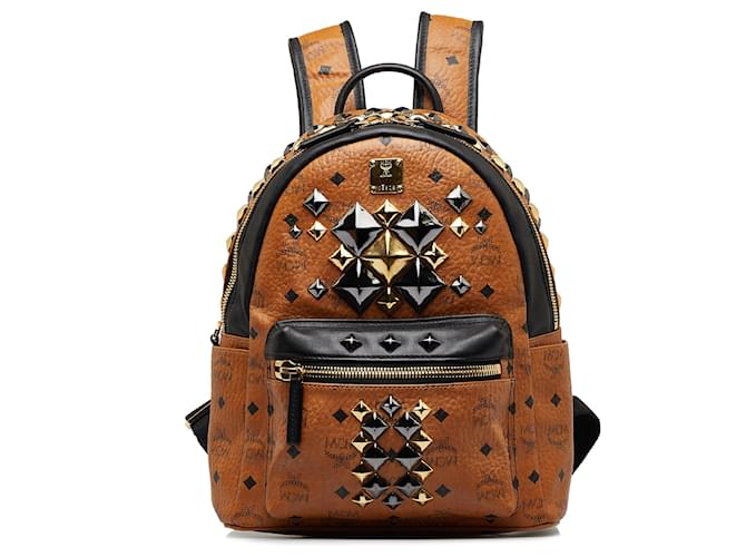 MCM Brown Visetos Studded Stark Brock Backpack Black Leather Cloth Pony ...