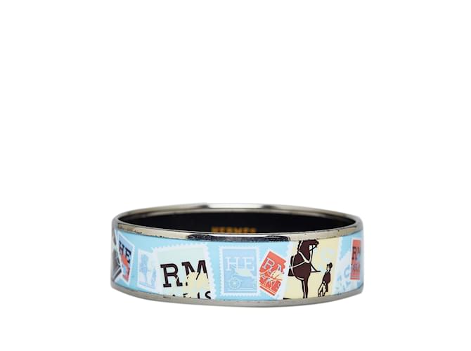 Hermès Blue Hermes Postage Stamp Wide Enamel Bangle Costume Bracelet ...