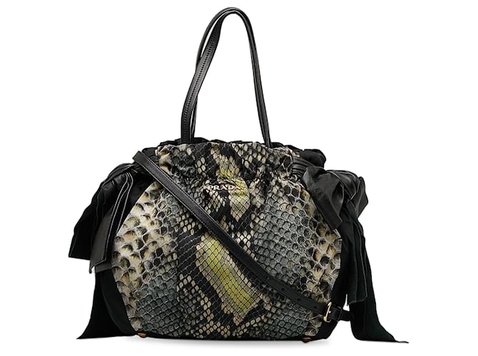 Prada Black Tessuto Python Print Bow Satchel Brown Nylon Cloth ref ...