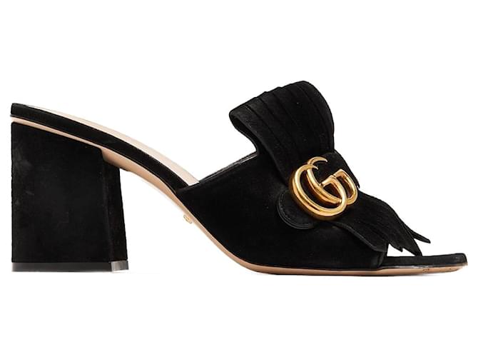 Gucci Marmont Fringe Mule Sandals in Black Suede ref.1192161 - Joli Closet