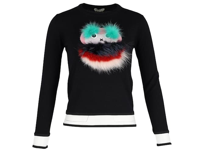 Fendi Lamb Fur-Trimmed Bug-Eye Monster Sweater in Black Cotton ref ...