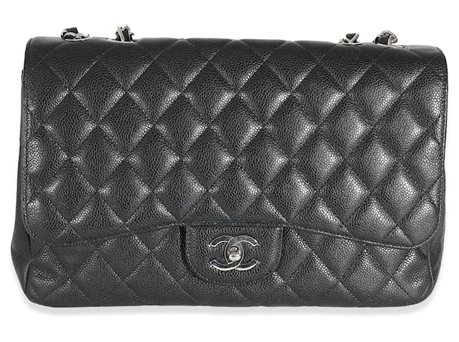 Timeless Chanel Black Quilted Caviar Jumbo Classic Single Flap Leather ...