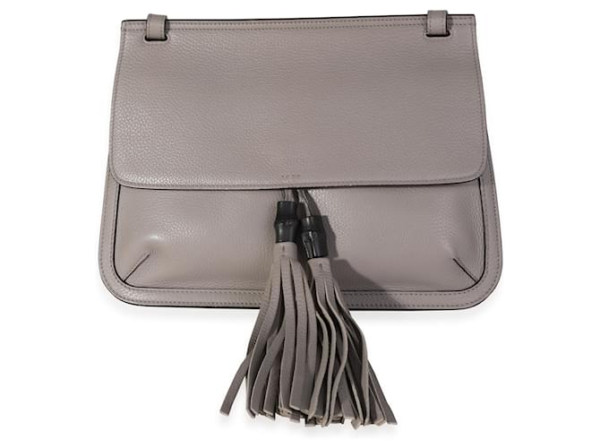 Gucci Storm Grey Pebbled Calfskin Medium Bamboo Daily Flap Shoulder Bag ...