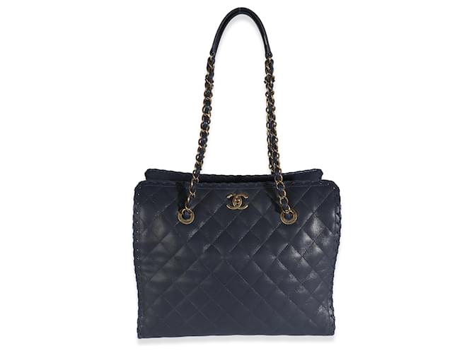Chanel Navy Iridescent Quilted calf leather Happy Stitch Tote Blue ref ...