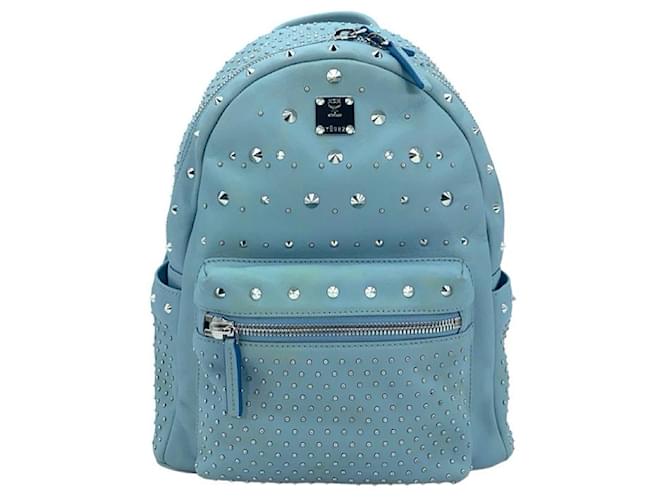 MCM Leather Backpack Small Backpack Light Blue Studs Rivets Baby Blue ...