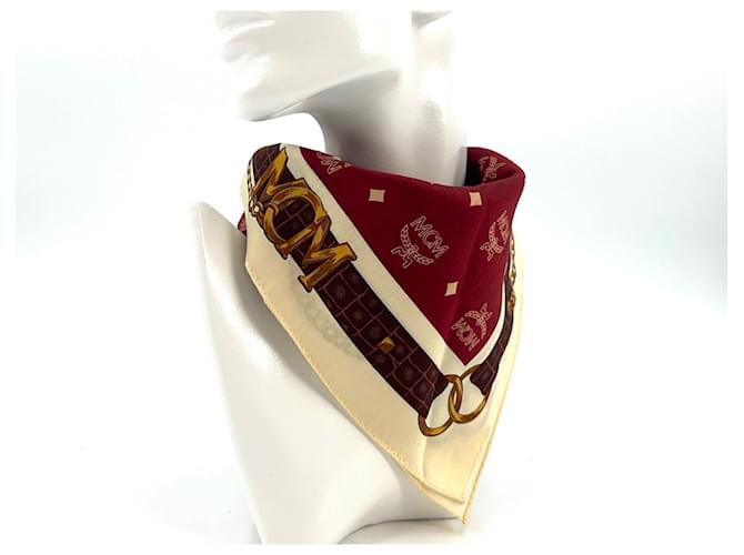 MCM Bandana Scarf Women's Scarf Cotton Bordeaux Red Cream Gold Logo ...
