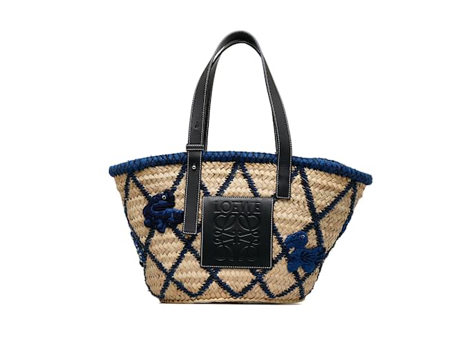 Brown Loewe Medium Animal Embroidered Raffia Basket Bag Leather ref ...