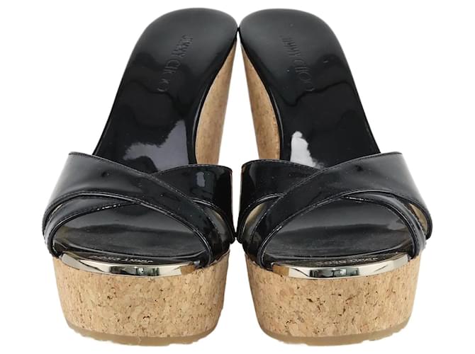Jimmy Choo Black Criss Cross Prima Cork Wedge Sandals Leather ref ...