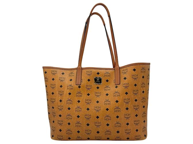MCM Visetos Shopper Bag Tote Reversible Shopper Cognac Logo Print ...