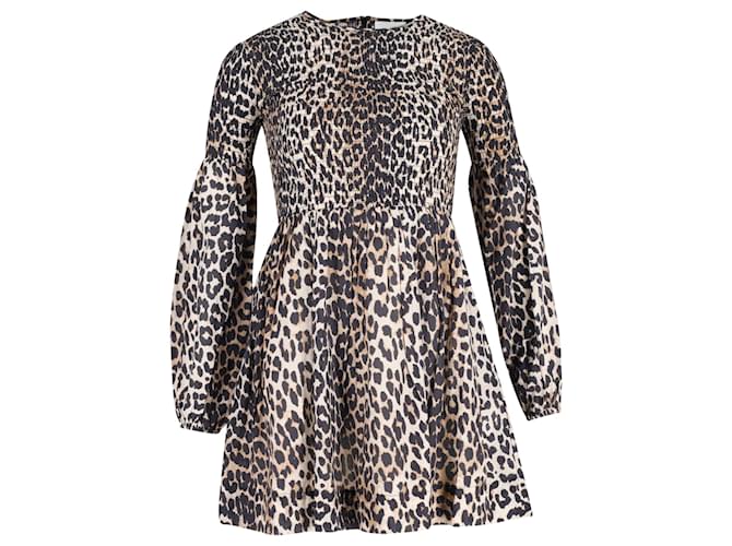 Ganni Shirred Mini Dress in Animal Print Cotton Python print ref ...