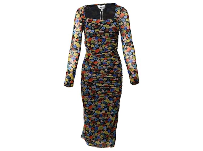 Ganni Ruched Bodycon Midi Dress in Floral Print Mesh Silk ref.1296590 ...