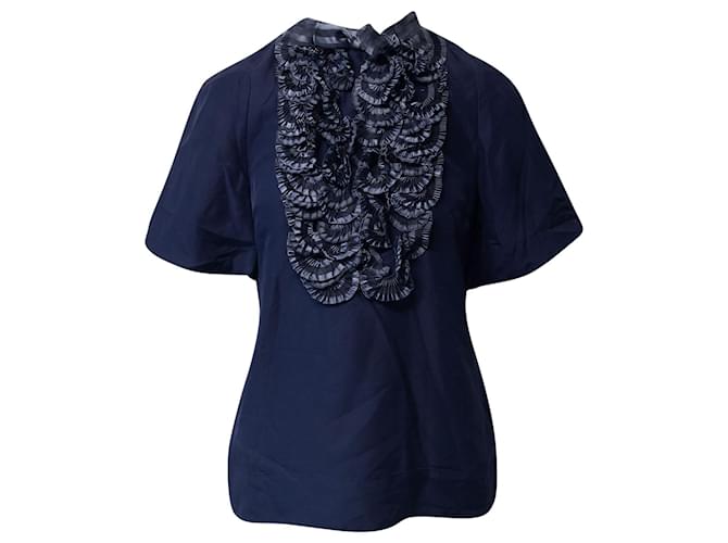 Marc Jacobs Ruffled Bib Blouse in Navy Blue Silk ref.1298592 - Joli Closet