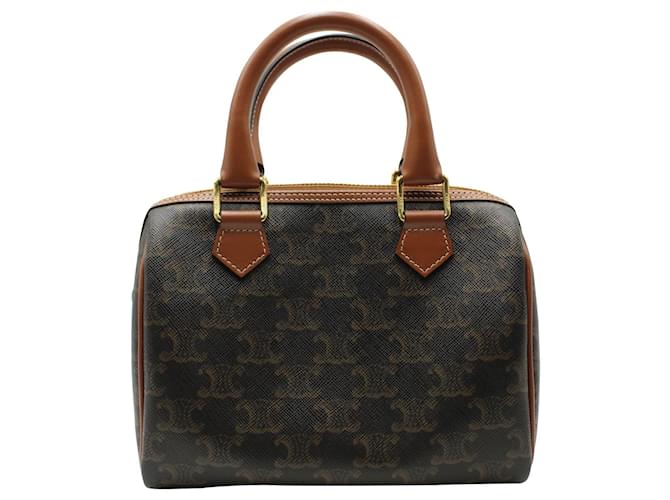 Céline Celine Small Boston Bag in Brown Triomphe Canvas and Calfskin ...
