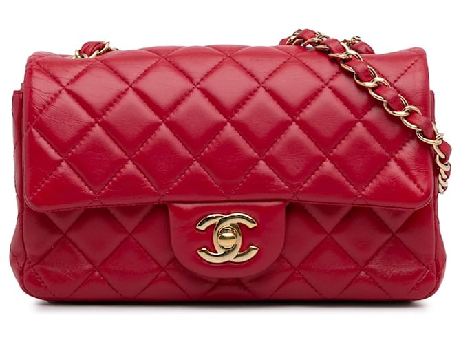 Chanel Red Mini Classic Lambskin Rectangular Single Flap Leather ref ...