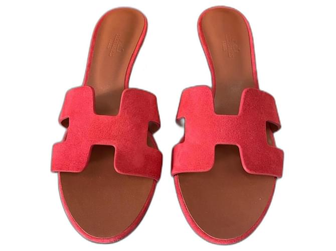 Hermès Hermes Oasis Rouge Cinétique sandals in suede goatskin, raw edge ...