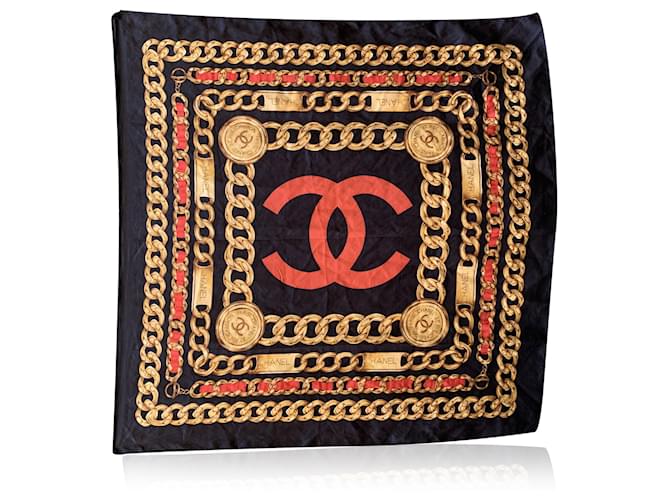 Chanel Vintage Black Red Yellow Silk Scarf CC Logo and Chain Print ref ...