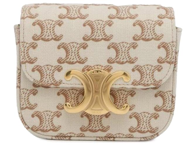 Céline Celine White Mini Triomphe Canvas Claude Pony-style calfskin ...