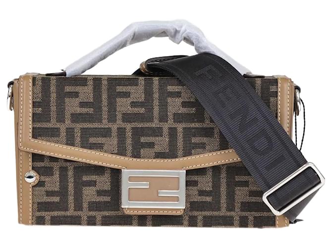 Fendi Brown FF Jacquard Soft Trunk Baguette Crossbody Bag Leather ref ...